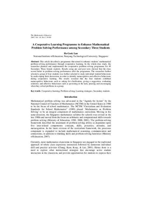 Pdf A Cooperative Learning Programme To Enhance Mathematical Problem Solving Performance Among