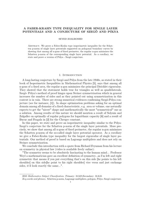 Pdf A Faber Krahn Type Inequality For Single Layer Potentials And The Polya Szego Conjecture