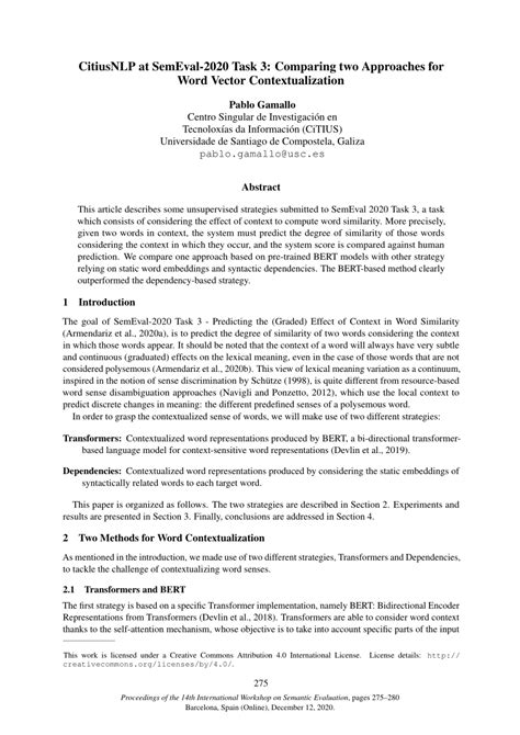 Pdf Citiusnlp At Semeval 2020 Task 3 Comparing Two Approaches For Word Vector Contextualization