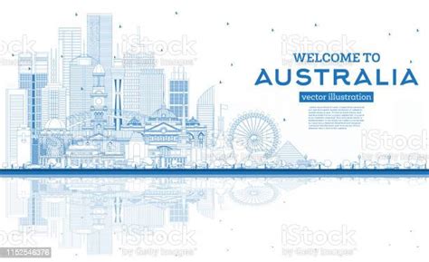 푸른 건물과 반사가 있는 호주 스카이라인에 오신 것을 환영 합니다 시드니 뉴사우스웨일스에 대한 스톡 벡터 아트 및 기타 이미지