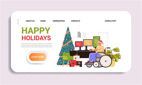 장애인 남자 프로그래머 산타 클로스 모자를 쓰고 휠체어에 앉아 직장 소프트웨어 개발 장애인 건강관리와 의술에 대한 스톡 벡터 아트 및 기타 이미지 건강관리와 의술