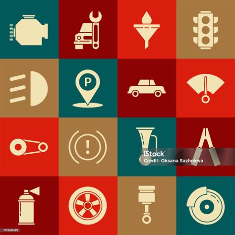 캘리퍼 배터리 점퍼 전원 케이블 속도계 깔때기 또는 필터 및 모터 오일 드롭 위치 주차 하이빔 엔진 및 아이콘 확인이 있는 자동차 브레이크 디스크를 설정합니다 벡터 계기판