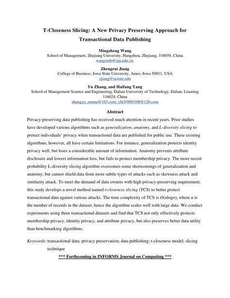 Pdf T Closeness Slicing A New Privacy Preserving Approach For