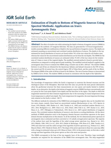 Jgr Solid Earth 2020 Kumar Estimation Of Depth To Bottom Of Magnetic Sources Using