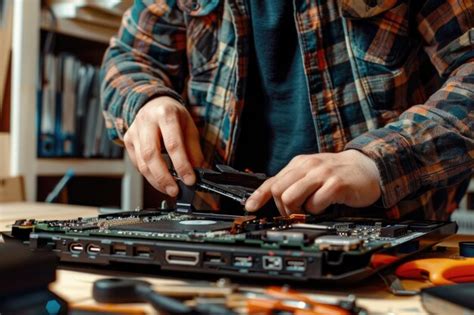 Premium Photo Man Disassembles Laptop For Repair In Close Up View
