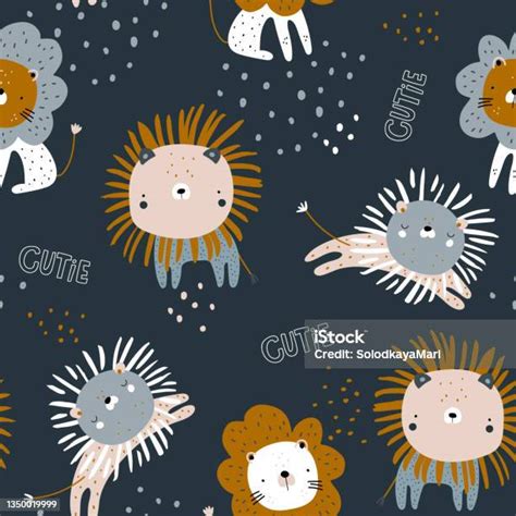 손으로 그린 재미 점프 사자와 원활한 유치한 패턴 직물 직물에 적합합니다 크리에이티브 벡터 배경 검은색에 대한 스톡 벡터 아트 및 기타 이미지 Istock