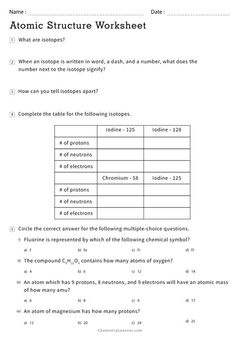 Free Printable Atomic Structure Worksheets
