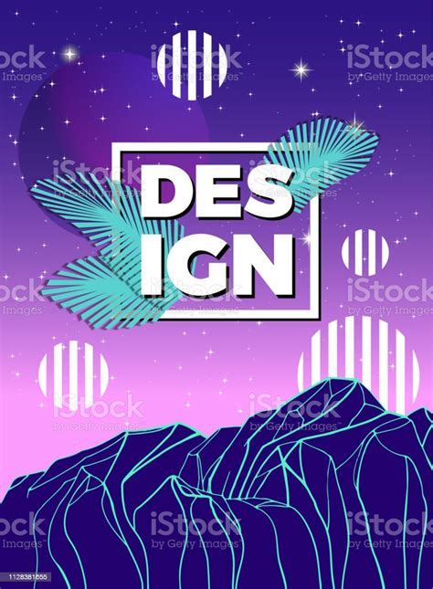 기하학적 인 산 종 려 잎 및 스트라이프 원형 벡터 포스터 현대 추상 배경입니다 1980 1989 년에 대한 스톡 벡터 아트 및