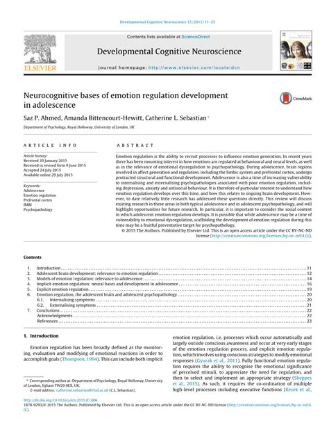 Pdf Neurocognitive Bases Of Emotion Regulation Development In Adolescence
