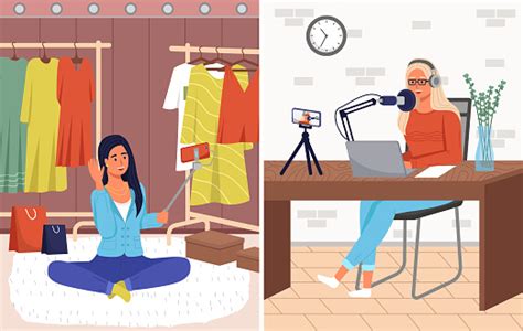 사무실 방 내부에 있는 팟캐스터 여성 캐릭터 헤드폰을 듣는 오디오 팟캐스트를 가진 소녀 Brand Name Online Messaging Platform에 대한 스톡 벡터