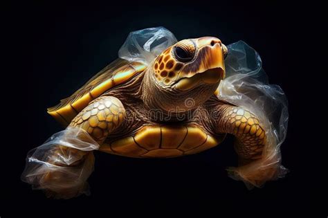 AI Generated Illustration Of A Sea Turtle Tangled In Plastic Struggling To Swim Stock