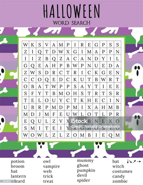 해피 할로윈 단어 검색 퍼즐 10 월 크로스 워드 게임 영어 단어를 배우기 위한 인쇄 가능한 워크시트입니다 가을 테마 10월에 대한 스톡 벡터 아트 및 기타 이미지 Istock