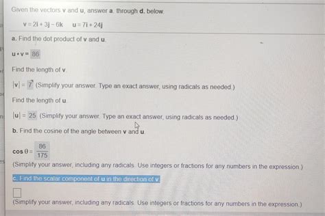 solved find the scalar component of u in the direction of v