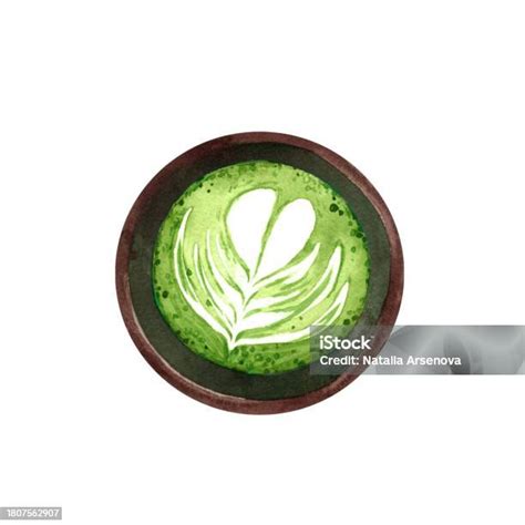 수채화 현실적인 만화 검은 컵의 뜨거운 향기로운 녹차 말차 라떼 음료 흰색 배경에 고립된 찻잔 평면도입니다 웹 디자인 메뉴 앱