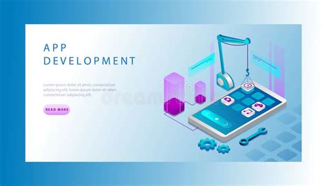 Isometric Landing Page Template Of Mobile Application Development With Smartphone Process Of