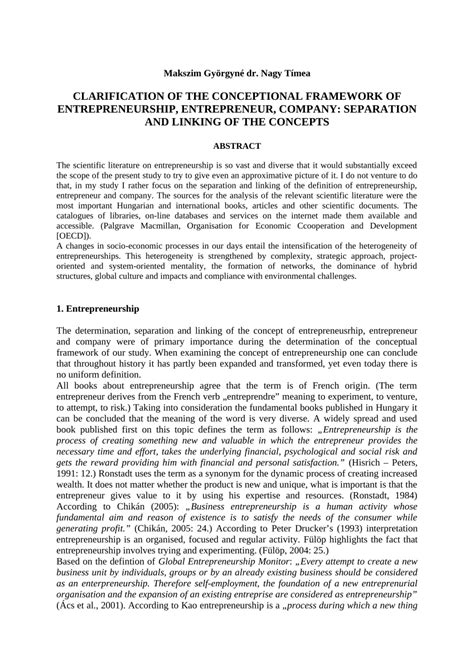 Pdf Clarification Of The Conceptional Framework Of Entrepreneurship Entrepreneur Company