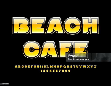 벡터 광택 엠블럼 비치 카페 광택 현대 알파벳 문자와 숫자 세트 관광에 대한 스톡 벡터 아트 및 기타 이미지 관광 관광객 광고 Istock