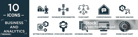 채워진 비즈니스 및 분석 아이콘 세트입니다 플랫 업적 데이터베이스 상호 연결 순서도 대응 사인파 분석 흐름 인터페이스 설정 주식 데이터 분석 데이터베이스를 포함합니다 0명에