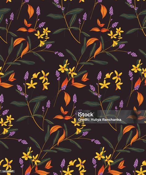 빈티지 식물과 가을 프린트 작은 꽃과 다양한 잎과 매끄러운 패턴 벡터 식물 배경 0명에 대한 스톡 벡터 아트 및 기타 이미지 0명 개화기 고풍스런 Istock