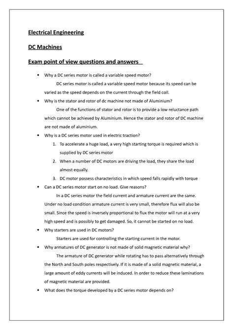 Exam Model Questions On Dc Machines Electrical Engineering Dc