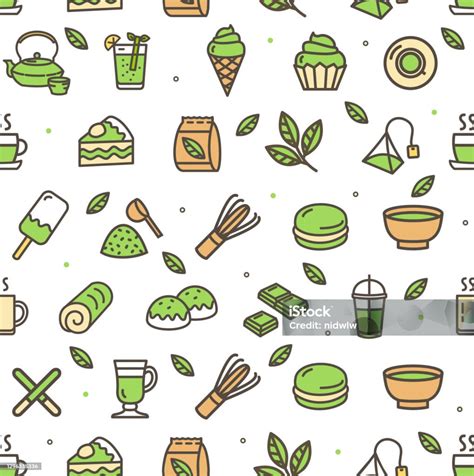 말차 차 색상 얇은 라인 기호 흰색에 매끄러운 패턴 배경 벡터 가루로 빻은에 대한 스톡 벡터 아트 및 기타 이미지 가루로 빻은 개념 개체 그룹 Istock