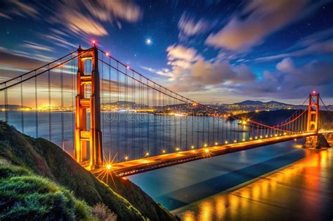 Breathtaking Night Panorama Of The Golden Gate Bridge And San Francisco