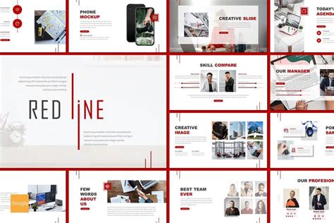 Red Line Powerpoint Presentation Template Is Shown With Multiple Images In The Bottom Right Corner