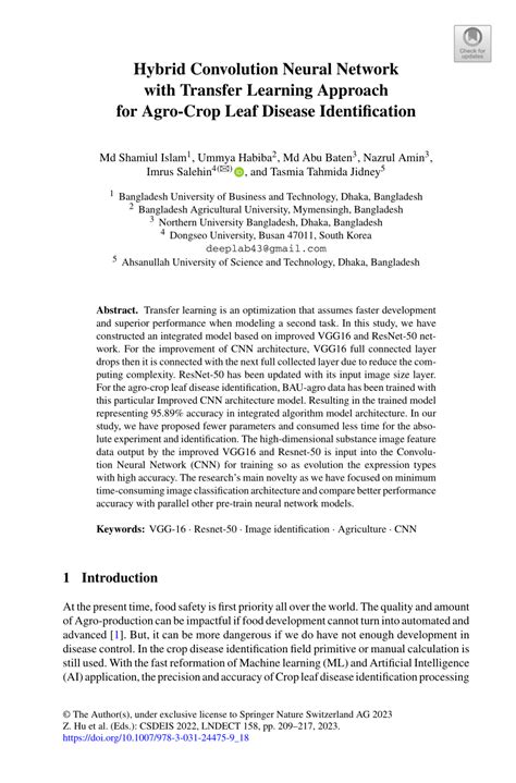 Pdf Hybrid Convolution Neural Network With Transfer Learning Approach For Agro Crop Leaf