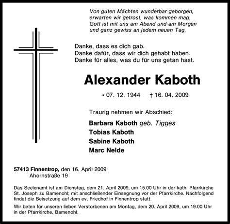 Traueranzeigen Von Alexander Kaboth Trauer In Nrwde