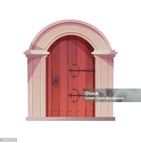 금속 둥근 손잡이와 흰색 아치와 골동품 중세 나무 문 성 교회 또는 집의 입구 게이트 게이트에 대한 스톡 벡터 아트 및 기타