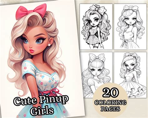 Cute Pin Up Girls Coloring Pages Grayscale Coloring Book Printable