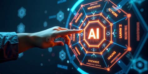 Hand Touching Glowing Ai Icon And Business Analytics Interface Stock Illustration Illustration