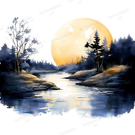 Watercolor River Clipart Moonlit Landscape Nature Scene Etsy