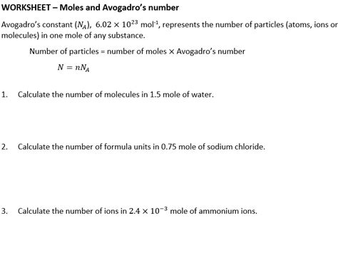Worksheet Moles Particles And Avogadros Number Teaching Resources