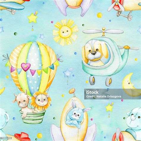 풍선 헬리콥터 비행기 로켓 태양 달 별 수채화로 칠해진 만화 스타일의 완벽한 패턴 헬리콥터에 대한 스톡 벡터 아트 및 기타 이미지 Istock