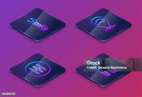 아이소메트릭 라인 렌치 스패너 기어 시프터 자동차 서비스 및 드라이버와 렌치위치 설정 파란색 정사각형 버튼 벡터 3차원 형태에 대한 스톡 벡터 아트 및 기타 이미지 Istock