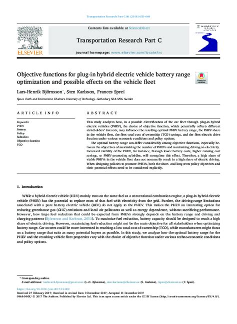 Pdf Objective Functions For Plug In Hybrid Electric Vehicle Battery