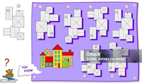 아이들을 위한 논리 퍼즐 게임 건물의 정확한 평면도를 찾아야 합니다 학교 교과서용 워크시트 브레인티저 북의 인쇄 가능한