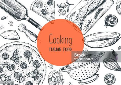 이탈리아 요리 손으로 그린 일러스트 이탈리아 음식 요리 프레임 벡터 그림 스케치 파스타와 피자를 요리 개체 그룹에 대한 스톡