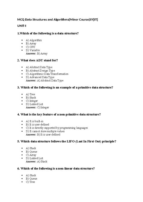 Mcq Data Structures And Algorithms What Does Adt Stand For A