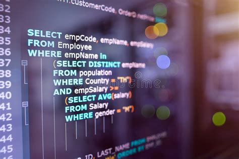 Sql Structured Query Language Code On Computer Monitor And Server Room Background Stock Image