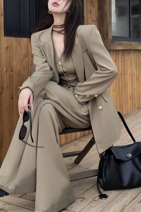 핑크프릴 set 긴팔 정장 자켓 브이넥 민소매 조끼 와이드팬츠 P 셋업