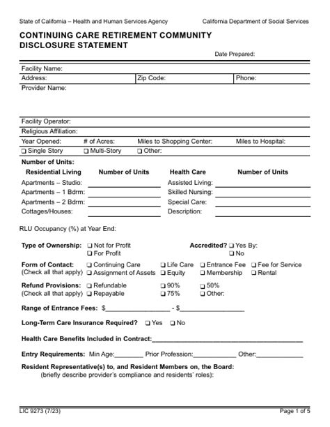 Form Lic9273 Download Fillable Pdf Or Fill Online Continuing Care Retirement Community
