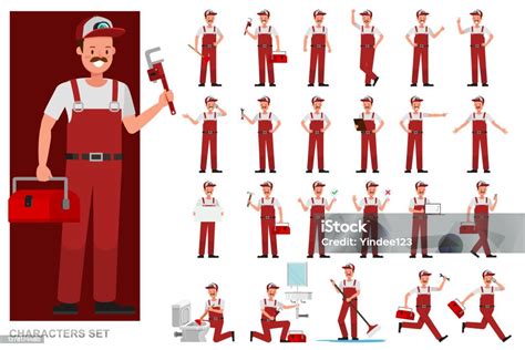 배관공 남자 캐릭터 벡터 디자인의 집합입니다 감정 달리기 서서 걷기와 함께 다양한 액션으로 프리젠 테이션 제복에 대한 스톡 벡터 아트 및 기타 이미지 Istock