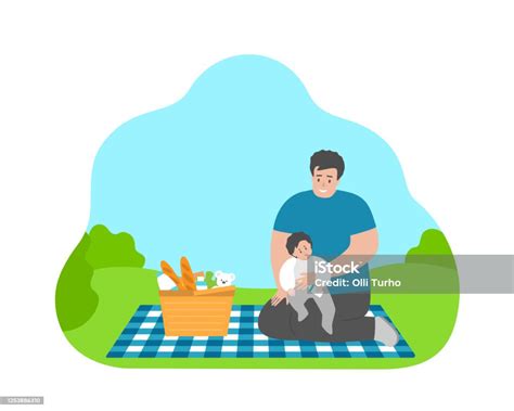함께 만화 아시아 아빠와 아들과 고립 된 벡터 평면 개념 아버지는 어린 아기와 함께 손에 앉아 있습니다 피크닉의 여름 주말 가족에 대한 스톡 벡터 아트 및 기타 이미지