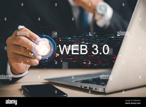 A Man Using A Laptop Showcases The Cutting Edge Web 30 Concept Stock