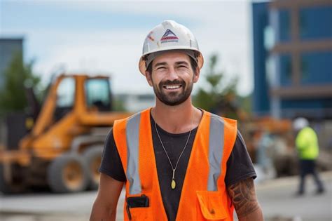 Premium Ai Image Handsome Male Builder Smiling On The Background Of The Construction Site