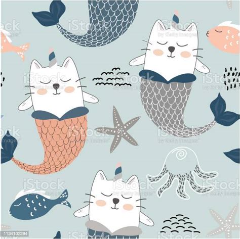 귀여운 유니콘 고양이 인 어 직물 직물에 대 한 유치 한 완벽 한 패턴입니다 벡터 일러스트 0명에 대한 스톡 벡터 아트 및 기타 이미지 Istock
