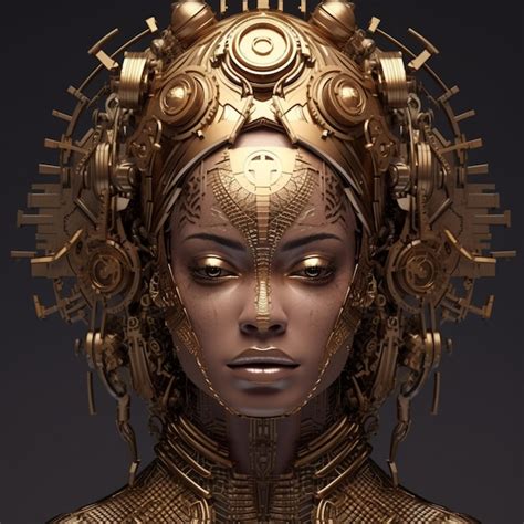 Premium AI Image Futuristic Female Robot Golden Cyborg Rendering