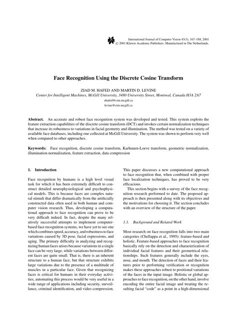 PDF Face Recognition Using The Discrete Cosine Transform